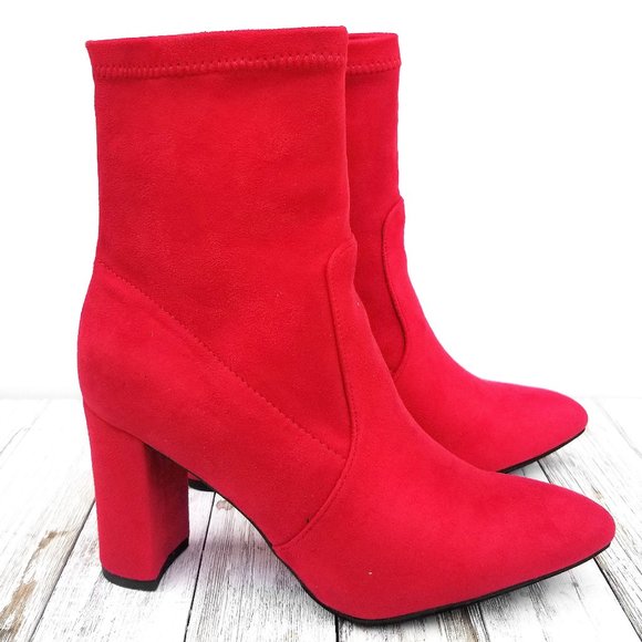Shoes | Red Stretch Chunky Heel Ankle Boot Sock Bootie Faux Suede Worn ...